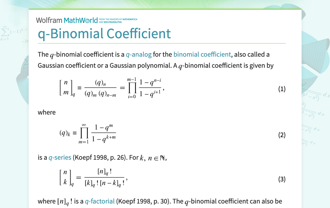 Q Binomial Coefficient From Wolfram Mathworld