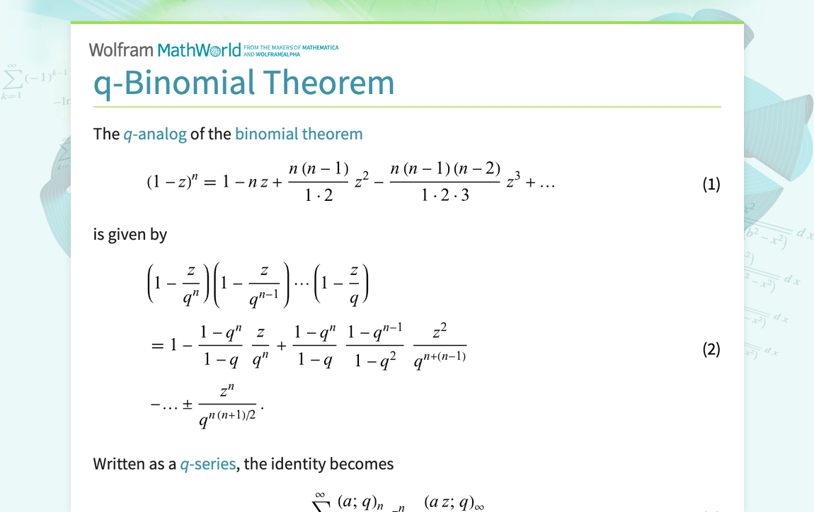 q-Binomial Theorem -- from Wolfram MathWorld q-Binomial Theorem -- from Wolfram MathWorld