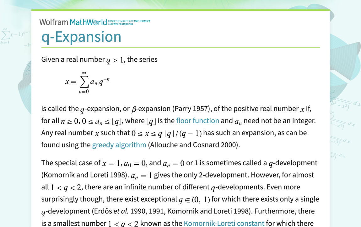 q-Expansion -- from Wolfram MathWorld