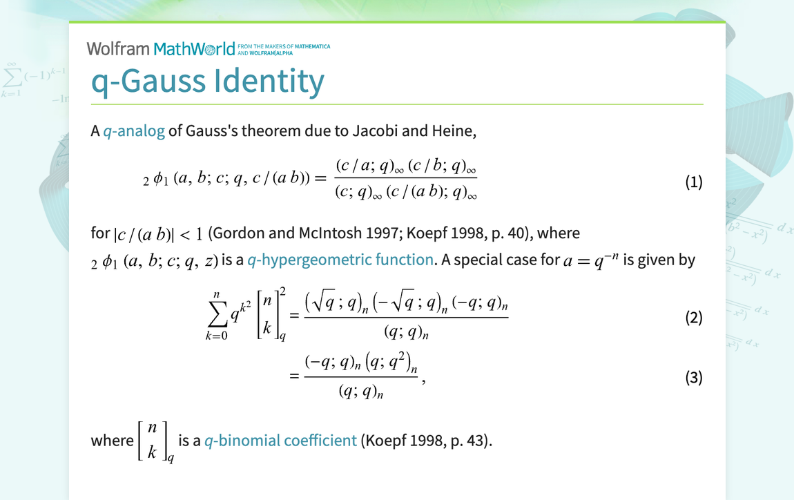 q-Gauss Identity -- from Wolfram MathWorld