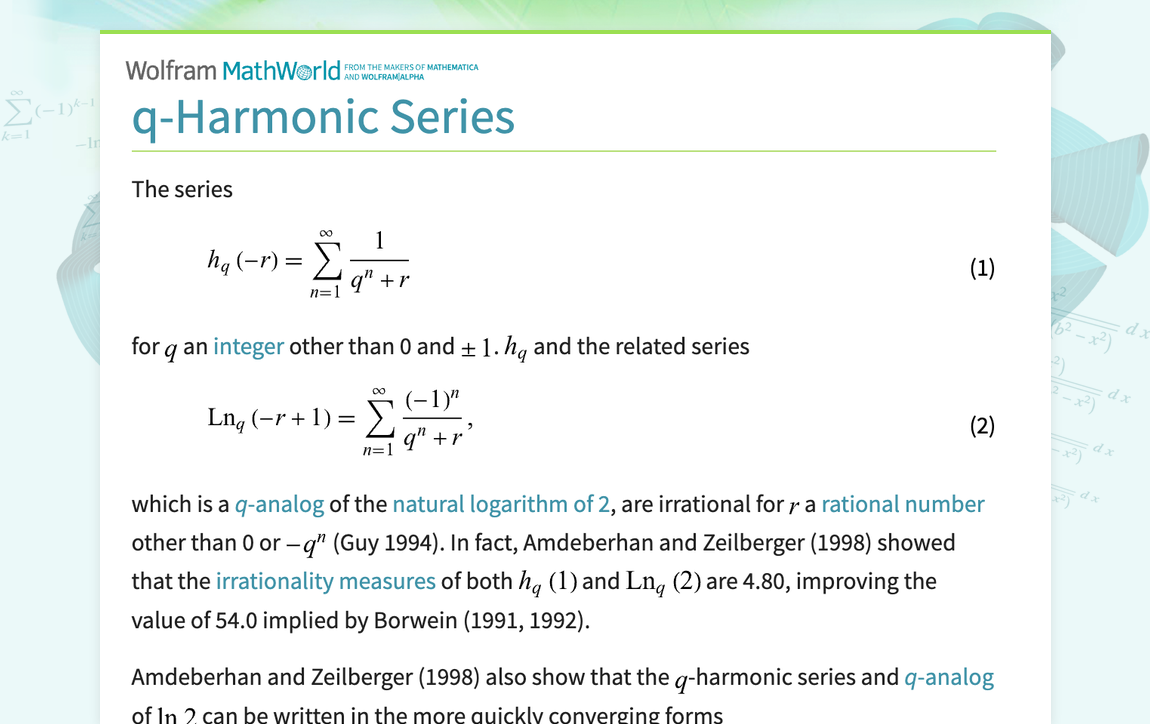 q-Harmonic Series -- from Wolfram MathWorld