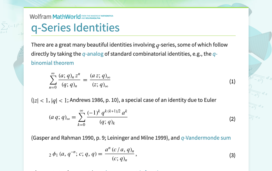 q-Series Identities -- from Wolfram MathWorld