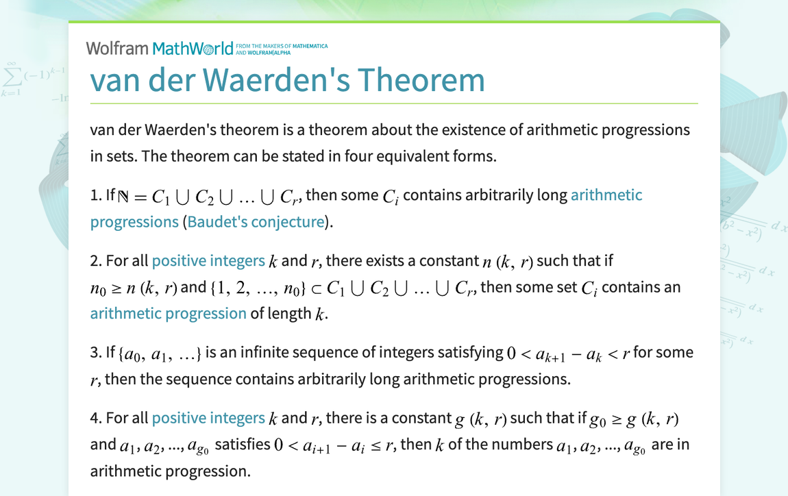 van der Waerden's Theorem -- from Wolfram MathWorld
