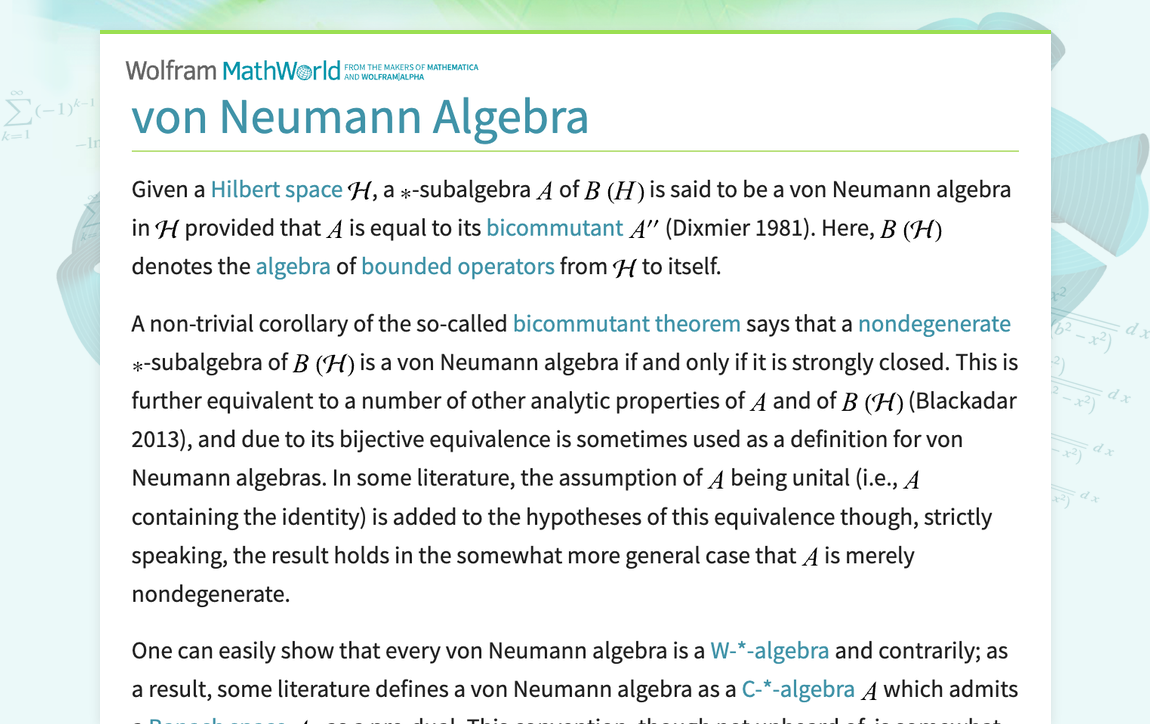 von Neumann Algebra -- from Wolfram MathWorld