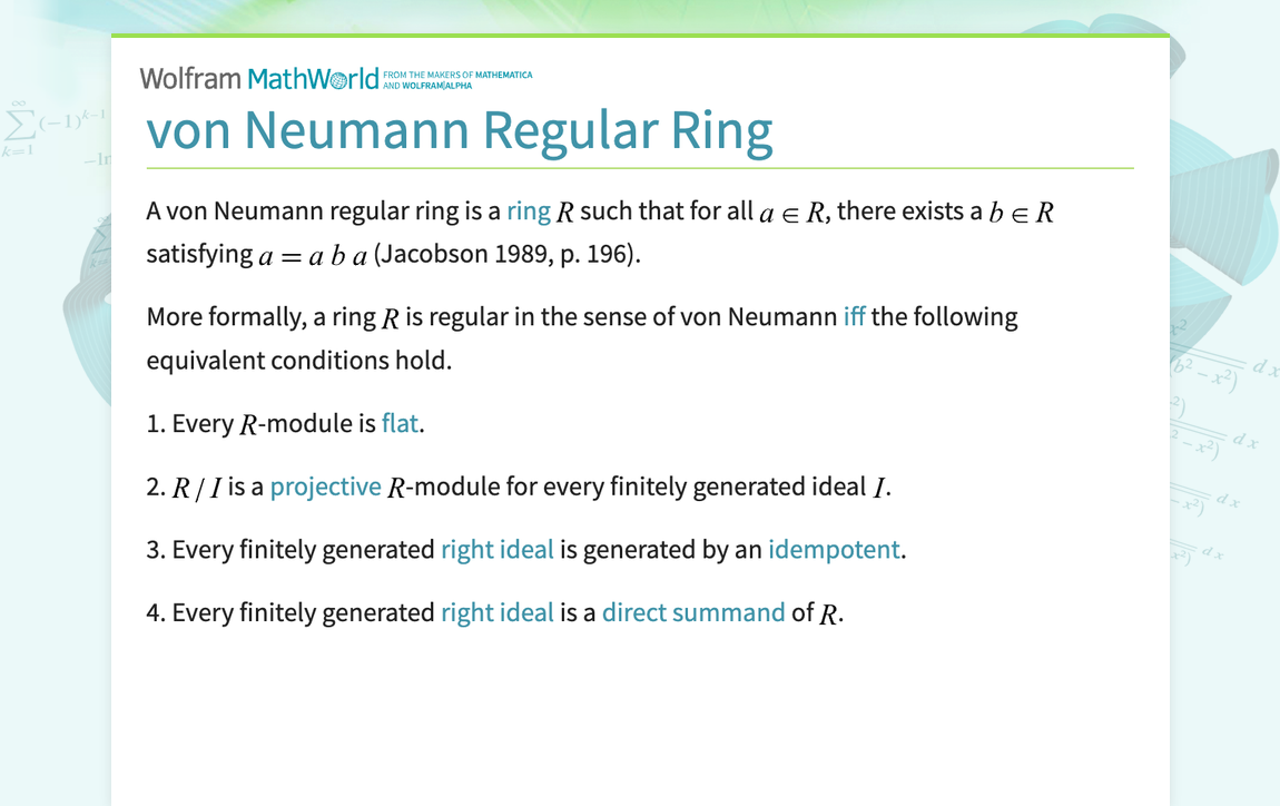von Neumann Regular Ring -- from Wolfram MathWorld