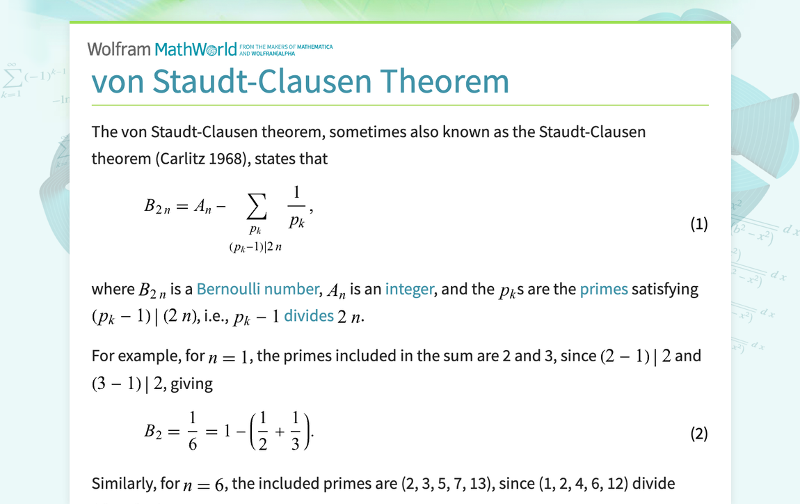 von Staudt-Clausen Theorem -- from Wolfram MathWorld